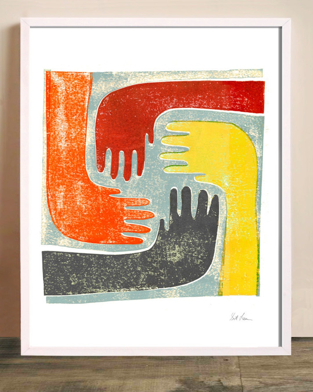 Four Hands - Art Print, Yellow, Orange, Red, Children's Art, Block ...