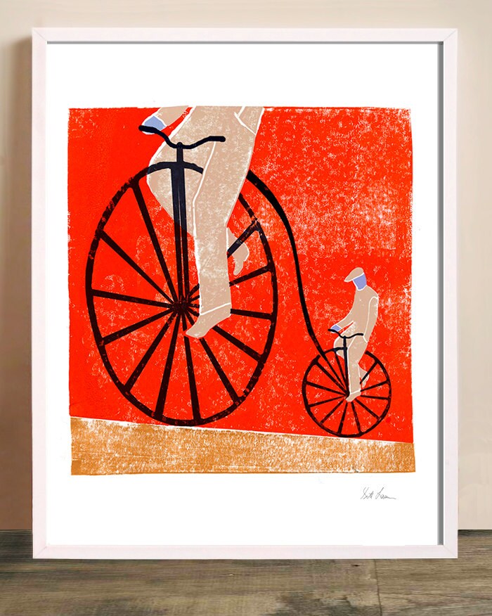Twin Cycles Art Print Orange Wheels Riding Bike Antique | Etsy