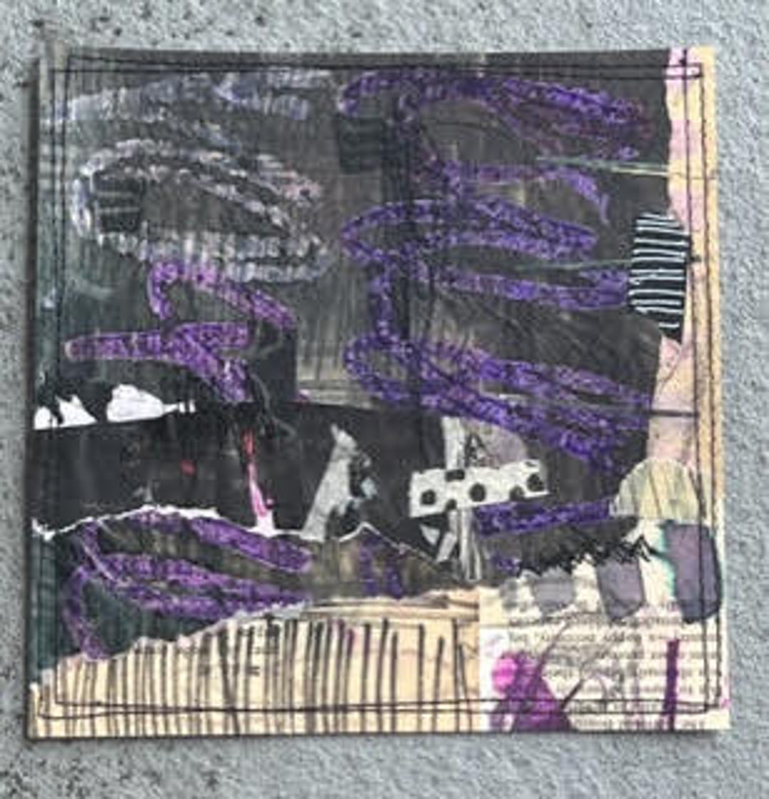 PAPER COLLAGE Mounted ARTWORK #121: Purple + Black Designs + Stitching ...