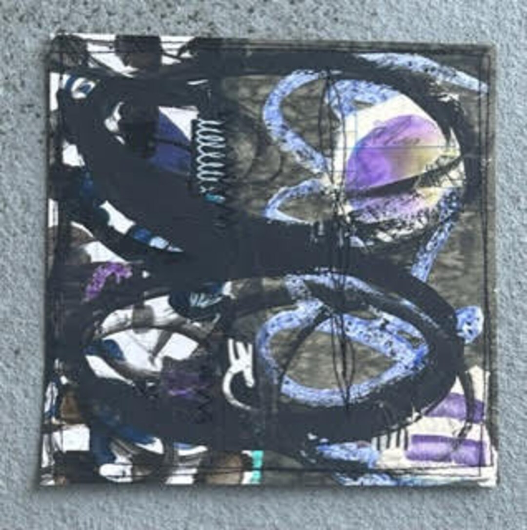 PAPER COLLAGE Mounted ARTWORK #120: Purple + Black Designs + Stitching ...