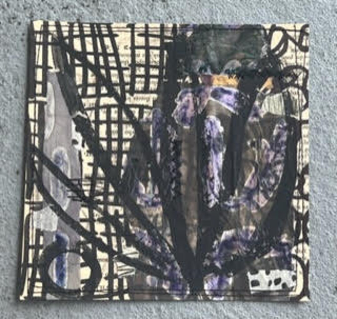 PAPER COLLAGE Mounted ARTWORK #133: Purple + Black Designs + Stitching ...