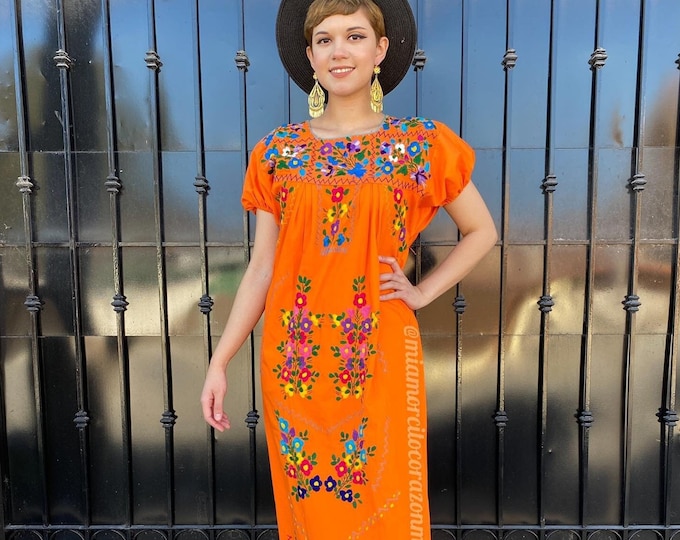 70s Vintage Oaxacan Maxi Dress, Mexican Dress With Floral Embroidery, Boho Orange Cotton Floral ...
