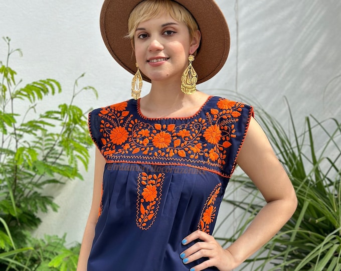 Navy Blue Embroidered Blouse Orange Floral Embroidery Fiesta San