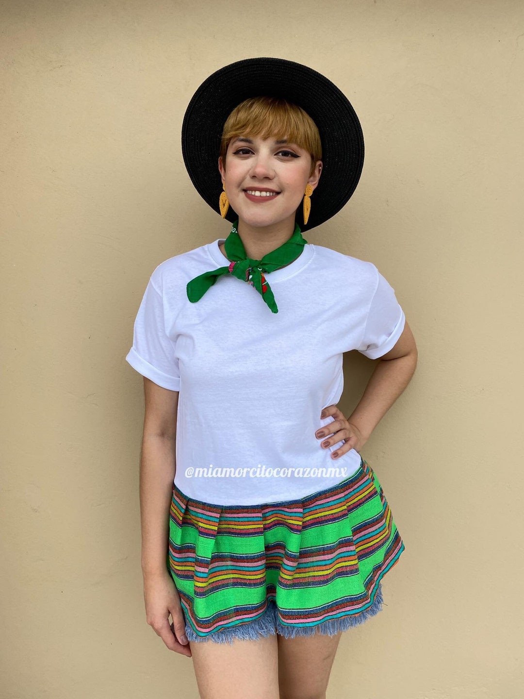 Striped Neon Green Serape Blouse Women, off White Mexican Blouse ...