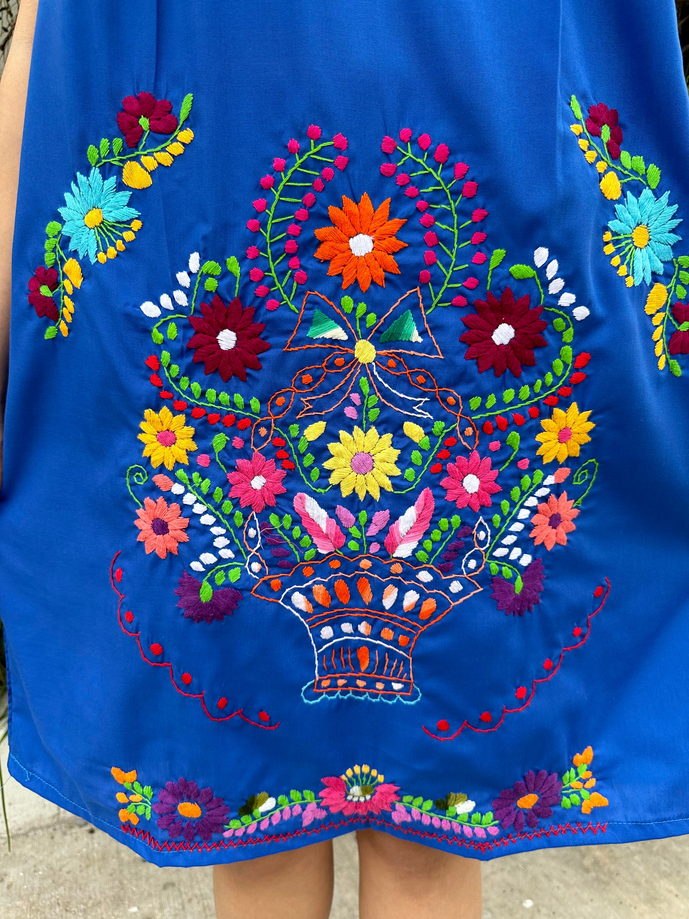 Electric Blue Embroidered Dress, Hand Embroidery Tunic, Mexican Fiesta ...