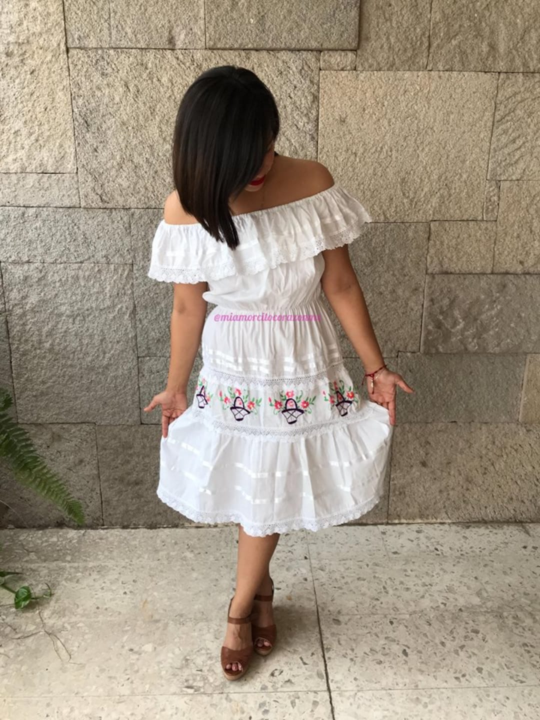 Off Shoulder Midi Mexican Dress, Embroidered Lace Peasant Sundress ...
