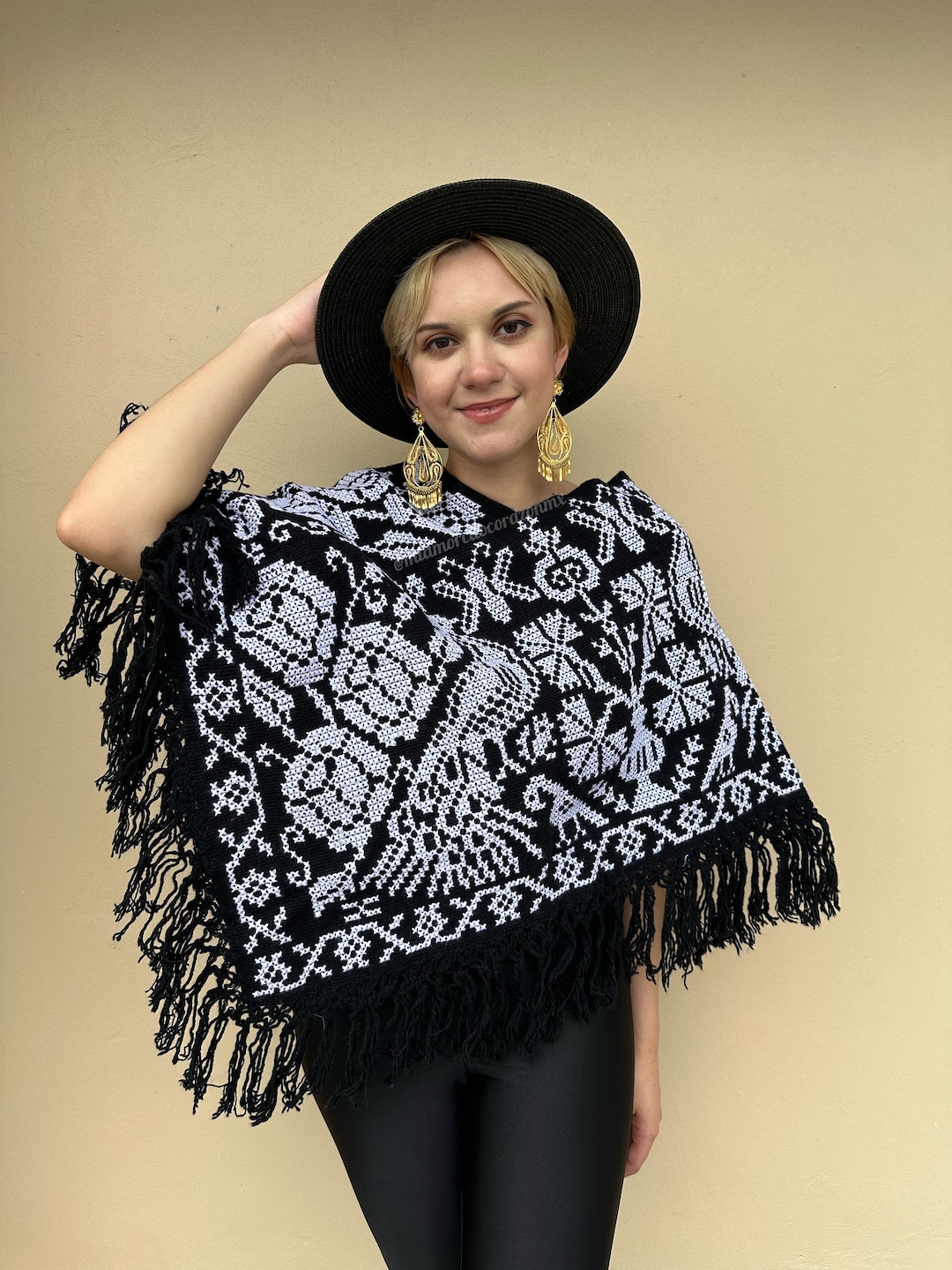Black Embroidered Mexican Poncho, Ethnic Cape Coat, White Cross Stitch ...