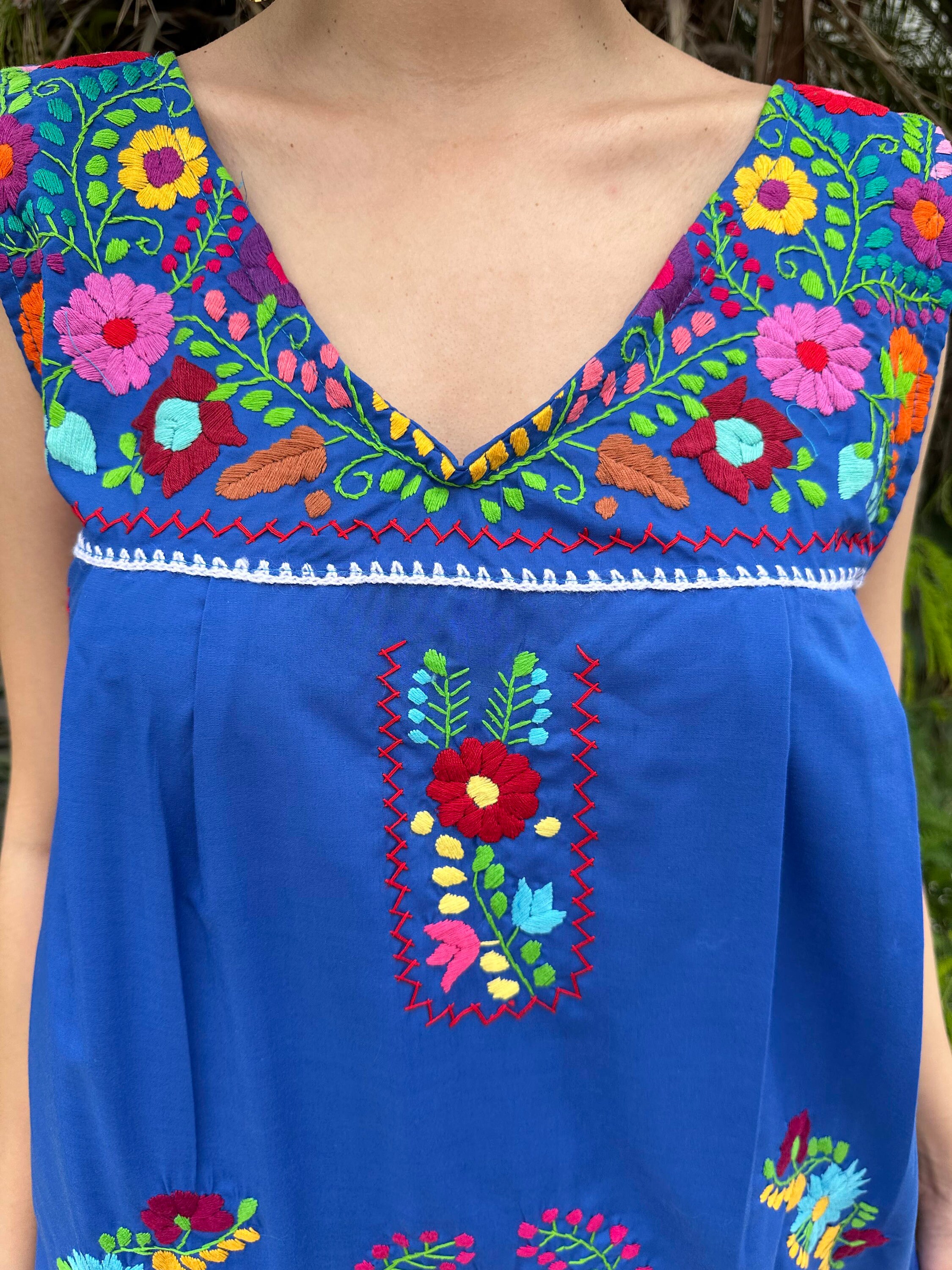 Electric Blue Embroidered Dress, Hand Embroidery Tunic, Mexican Fiesta ...