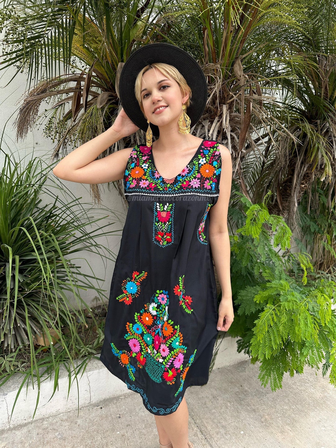 Black Floral Embroidery Mexican Dress Women, Hand Embroidered Summer ...