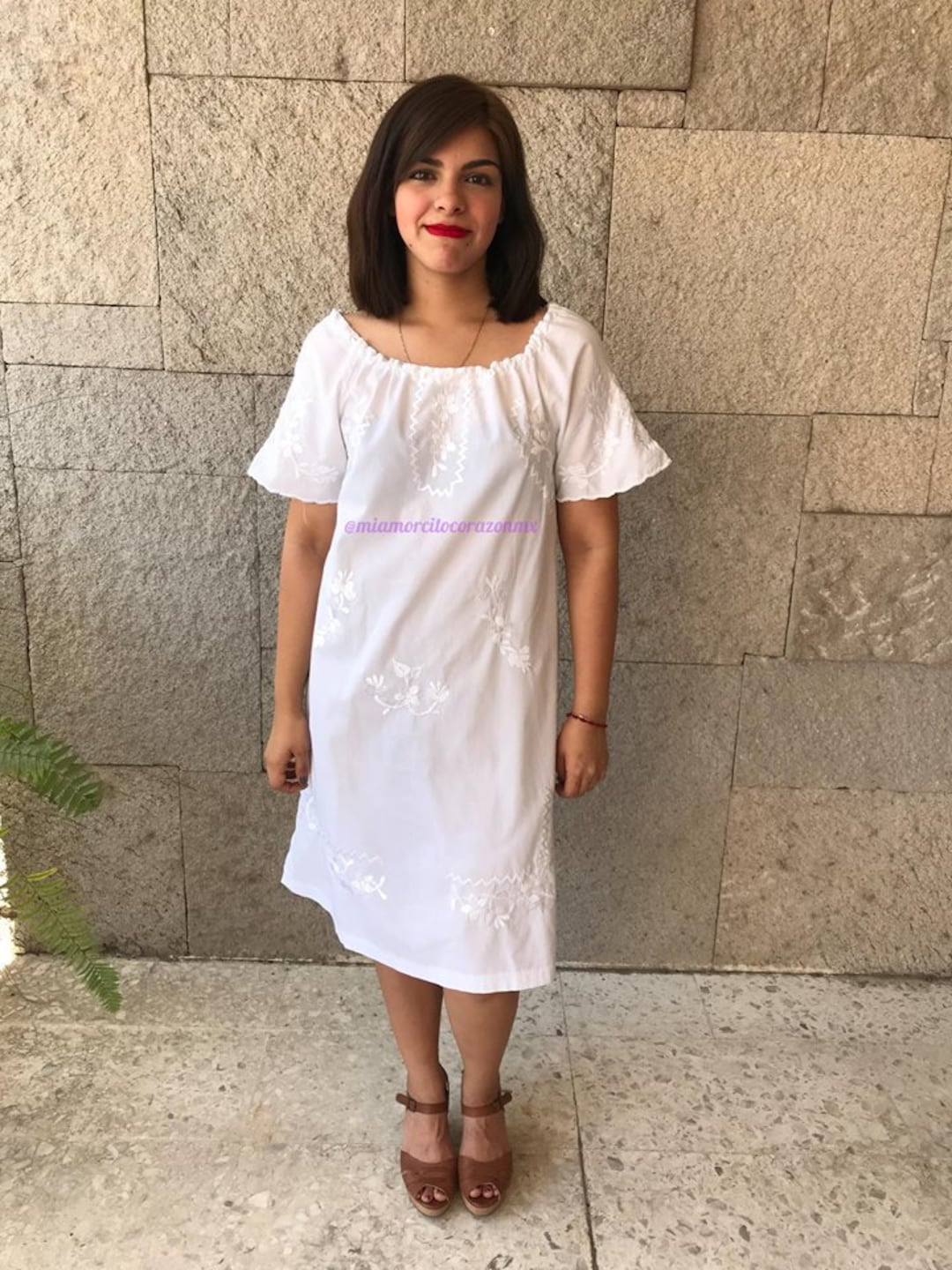 White Floral Embroidery Short Bell Sleeve Dress, Traditional Mexican ...