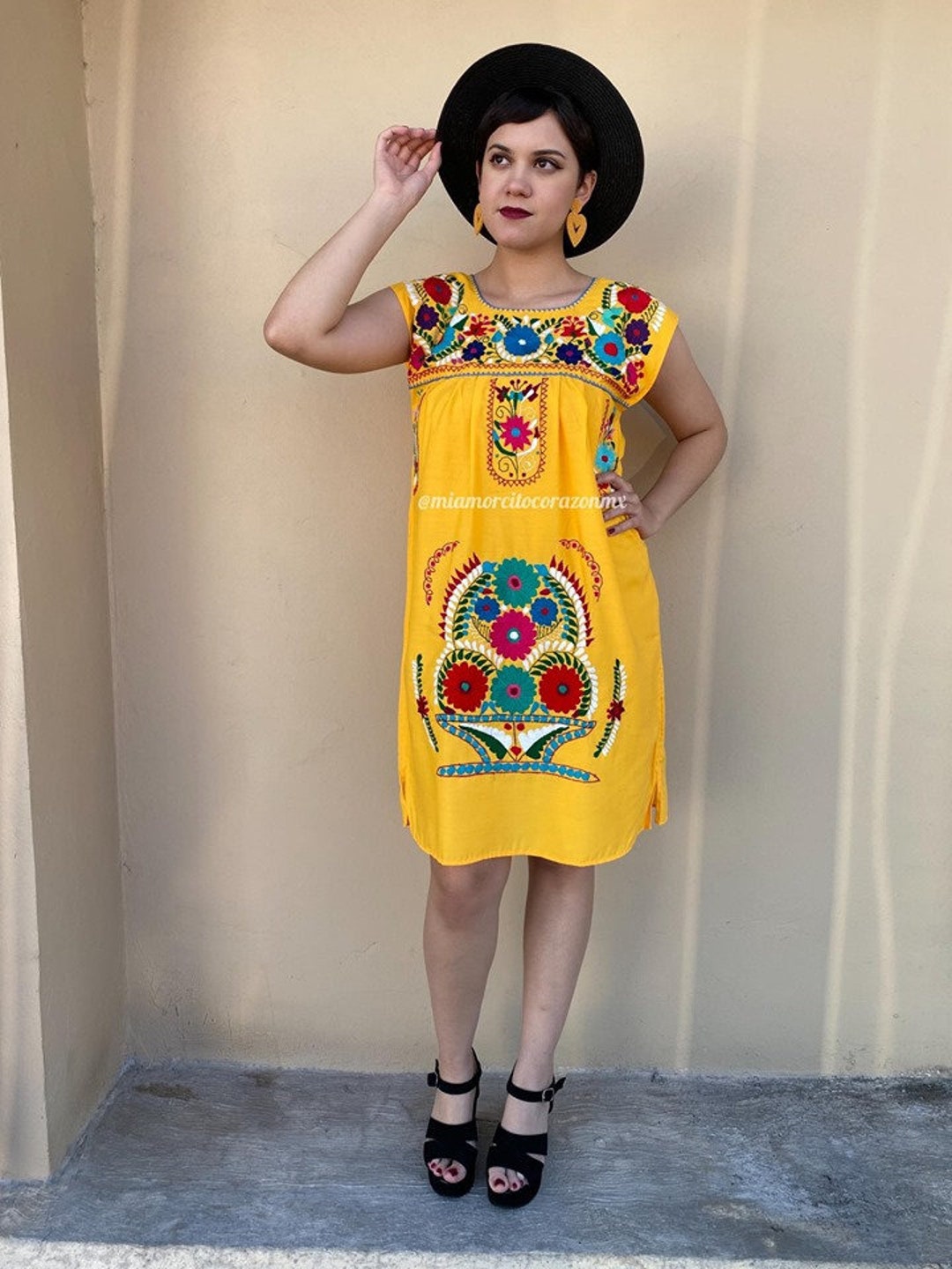Embroidered Tunic Mexican Fiesta Dress, Floral Hand Embroidery ...