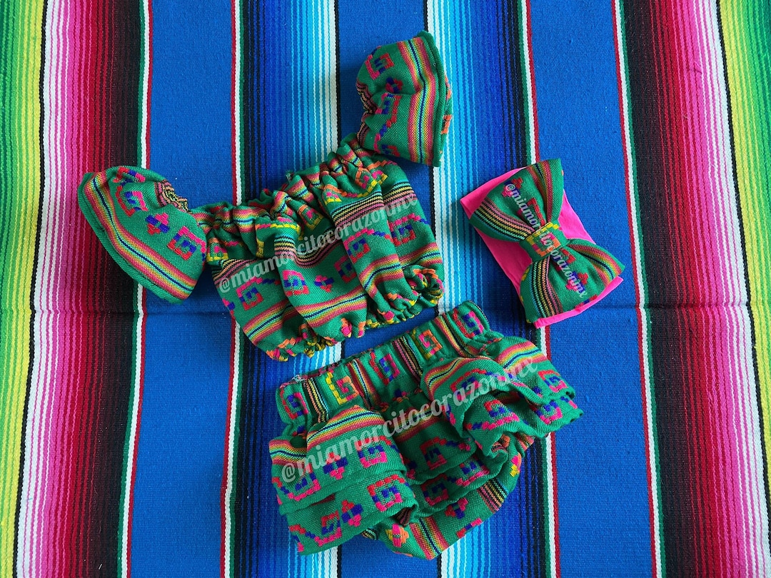 Tenue fiesta bébé fille, bloomer mexicain vert, tenue bébé serape, fête ...