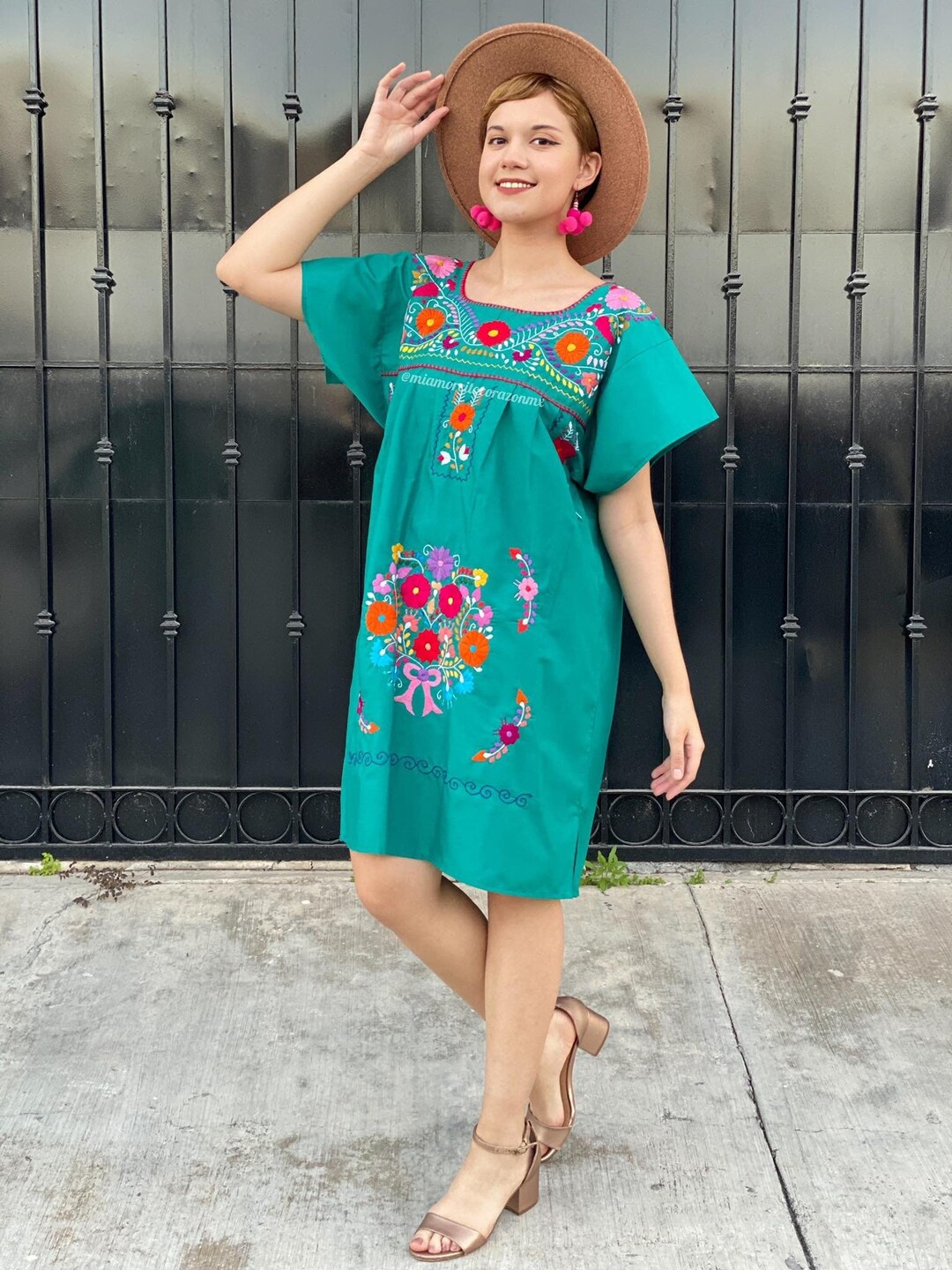 Teal Embroidered Mexican Dress, LARGE Boho Tunic, Fiesta San Antonio ...