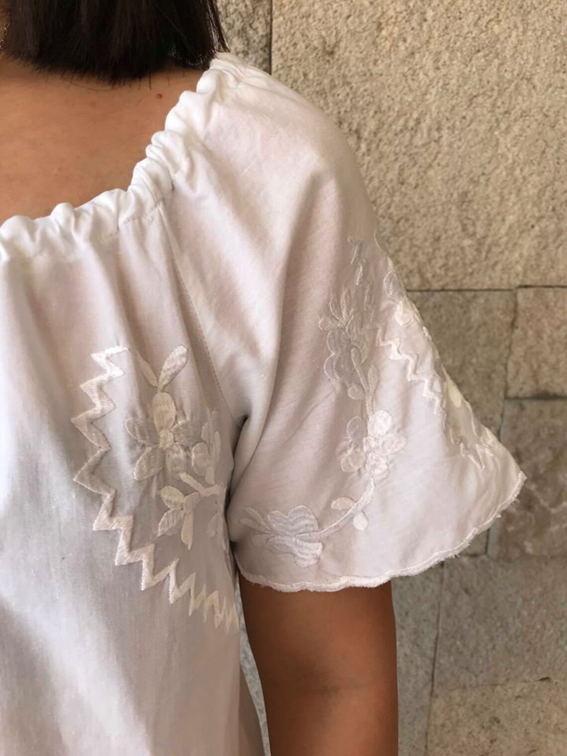 White Floral Embroidery Short Bell Sleeve Dress, Traditional Mexican ...