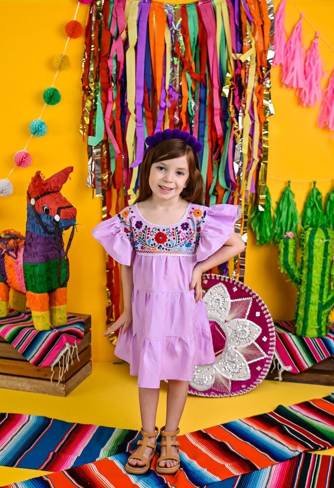 Lilac Patio Dress for Girls, Flowy Fiesta Tunic, Floral Embroidery ...
