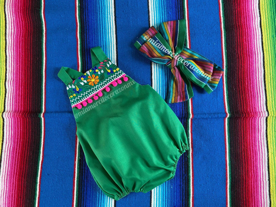 Barboteuse brodée mexicaine pour bébés filles, combinaison verte à ...