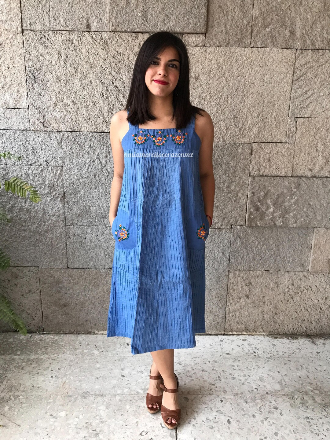 Vintage Blue Pintucked Summer Dress, Floral Embroidery Sundress ...
