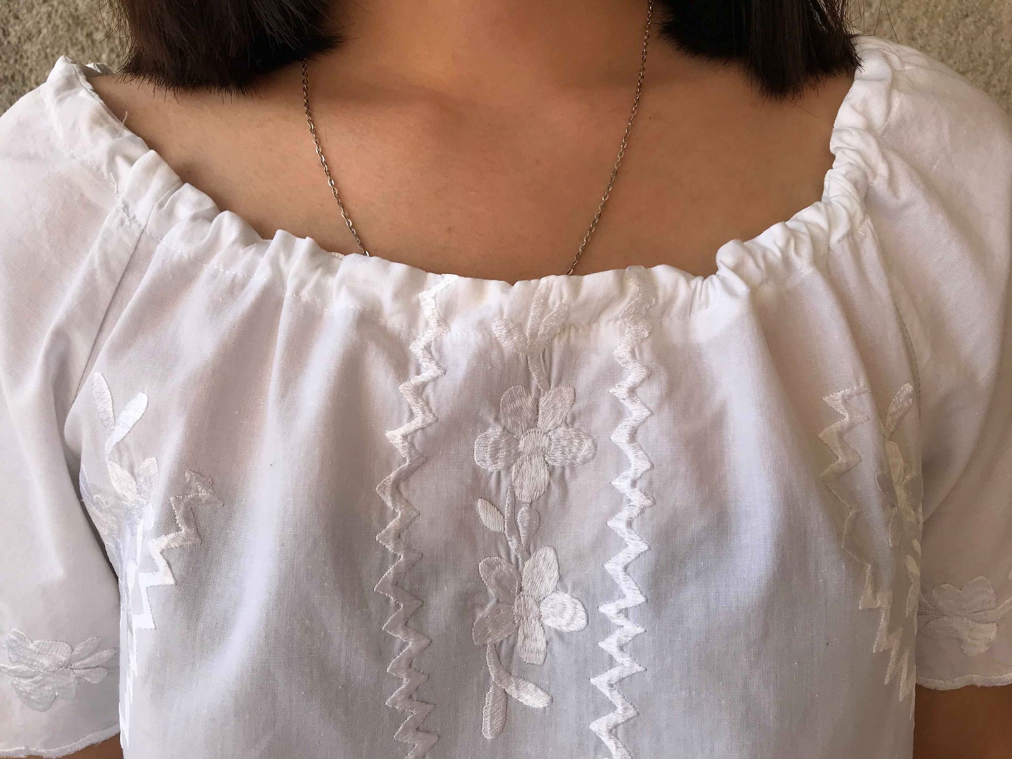 White Floral Embroidery Short Bell Sleeve Dress, Traditional Mexican ...