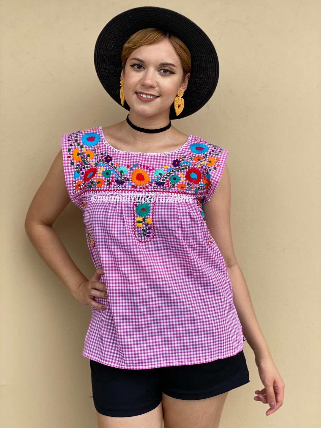 Pink Gingham Table Runner Style Top, Checkered Mexican Blouse ...