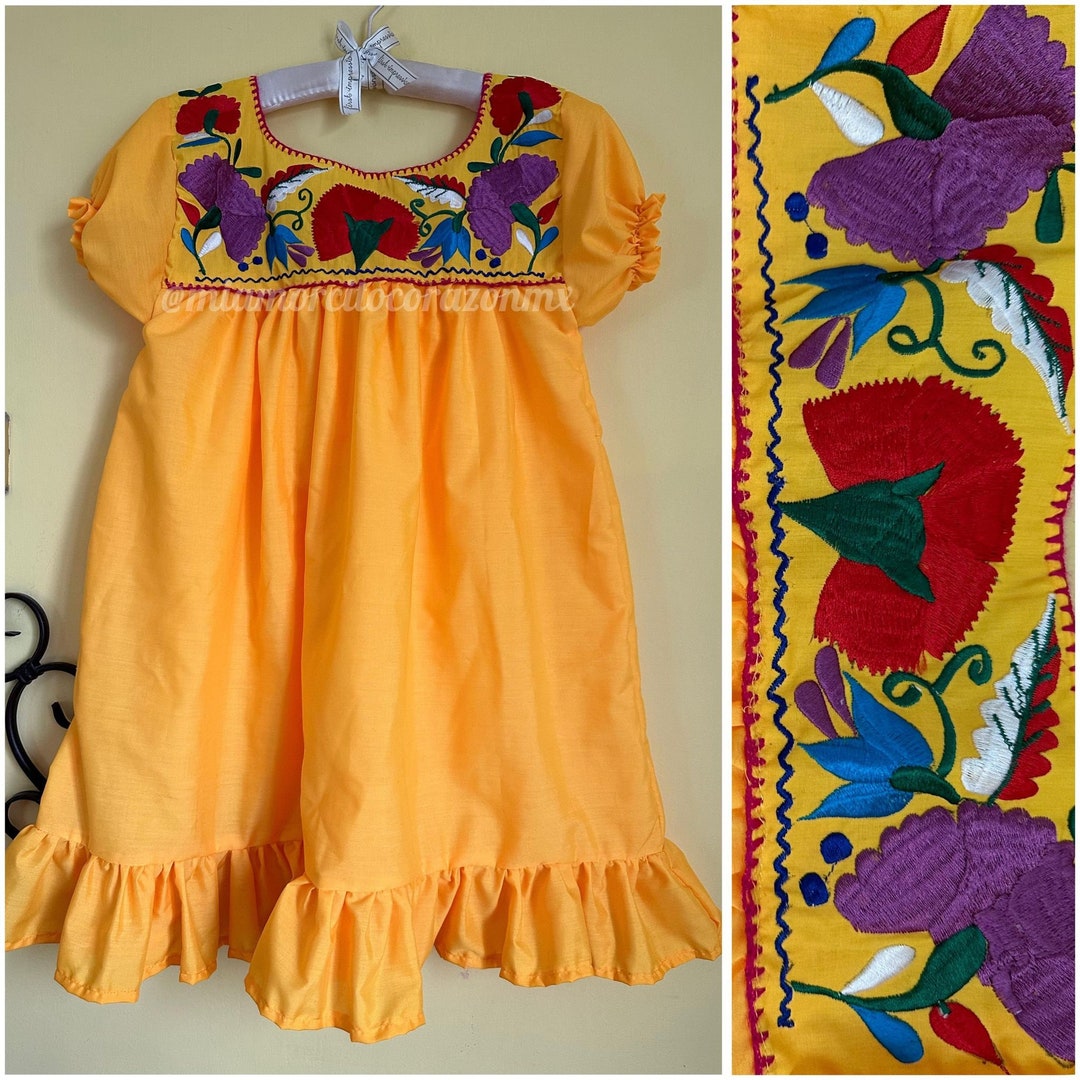 Embroidered Fiesta Dress for Girls, Yellow Mexican Sundress, Floral ...