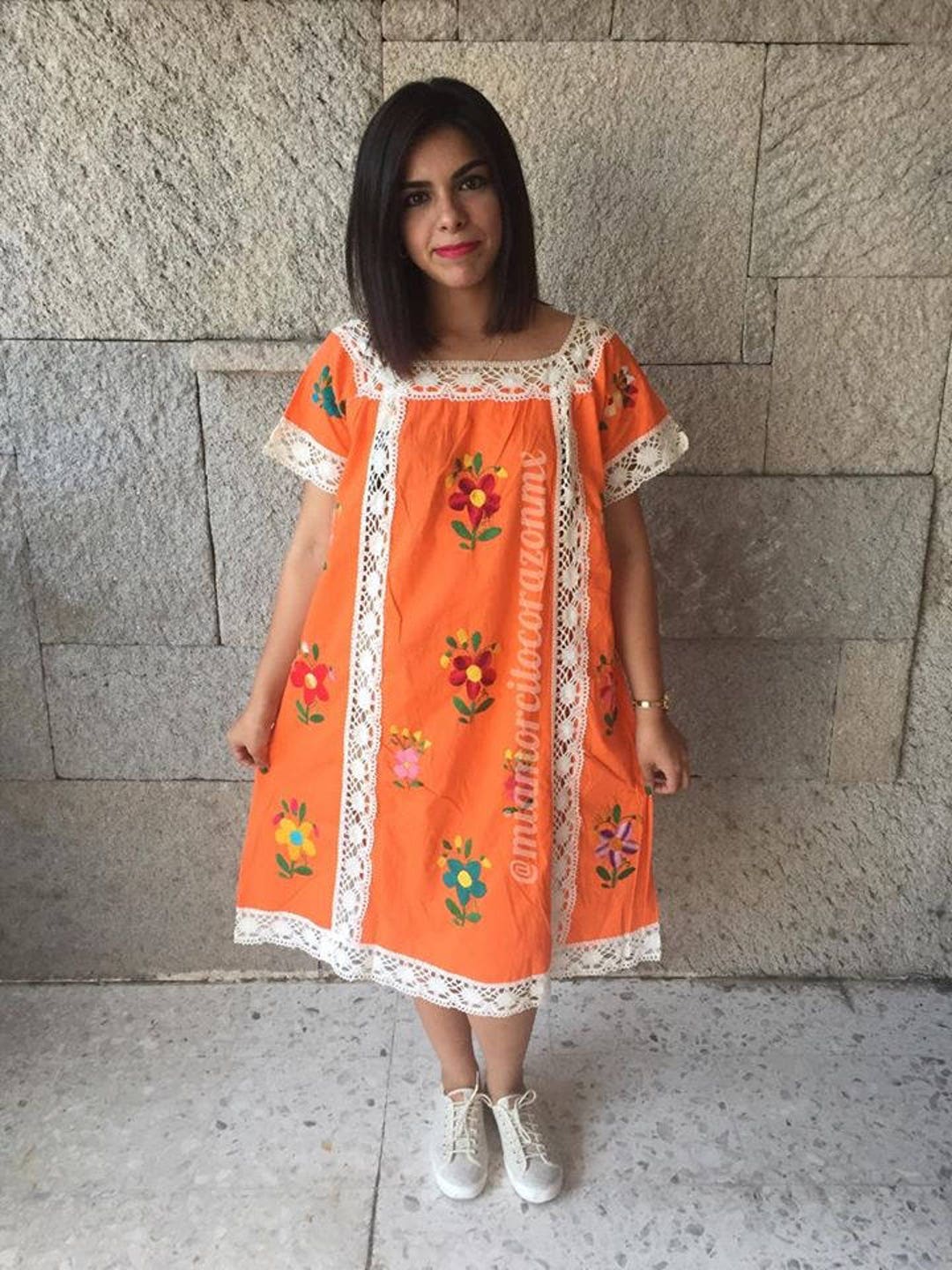 Orange Vintage Mexican Dress, 90s Mexican Tunic, Floral Embroidered ...