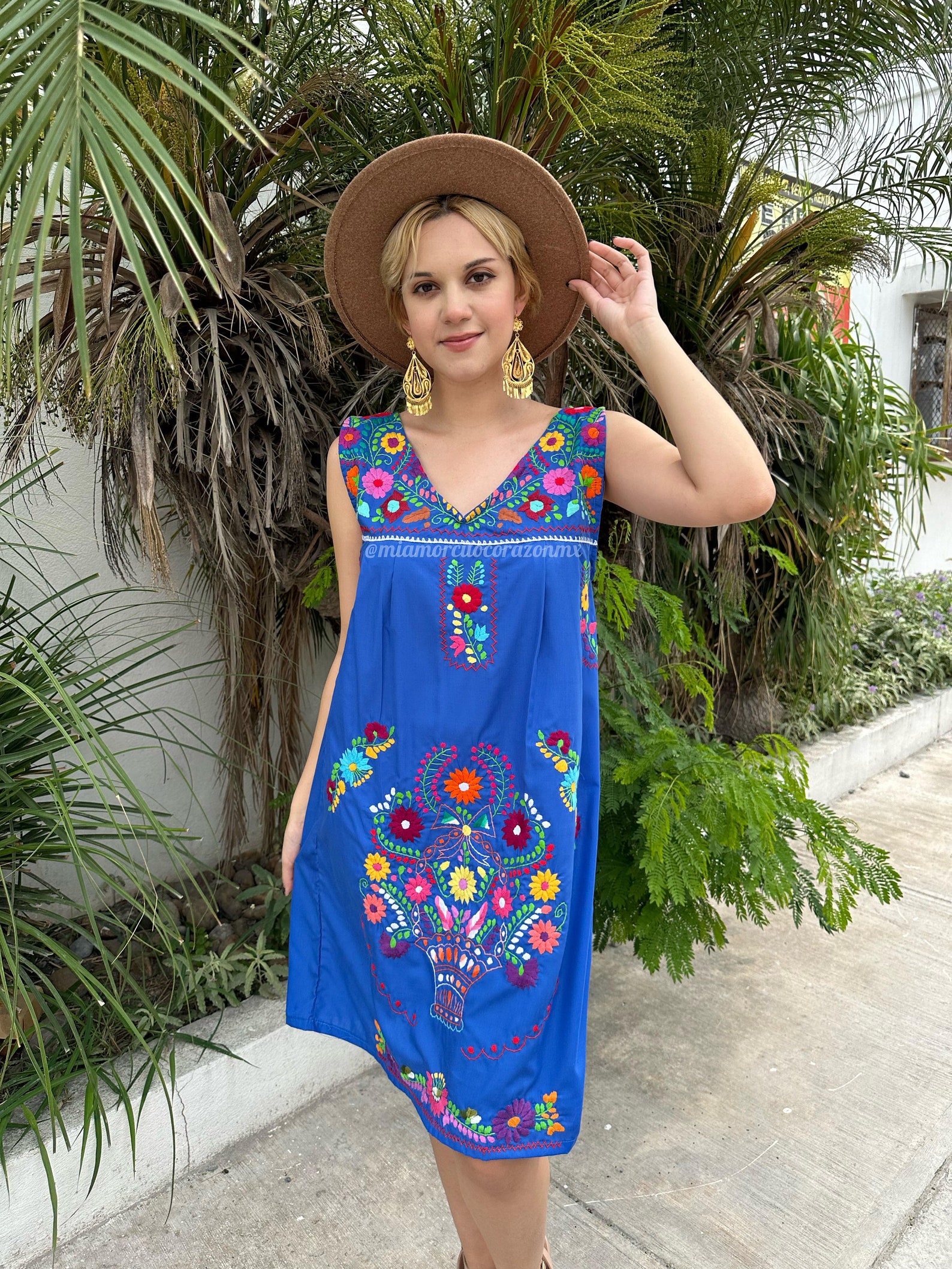 Electric Blue Embroidered Dress, Hand Embroidery Tunic, Mexican Fiesta ...