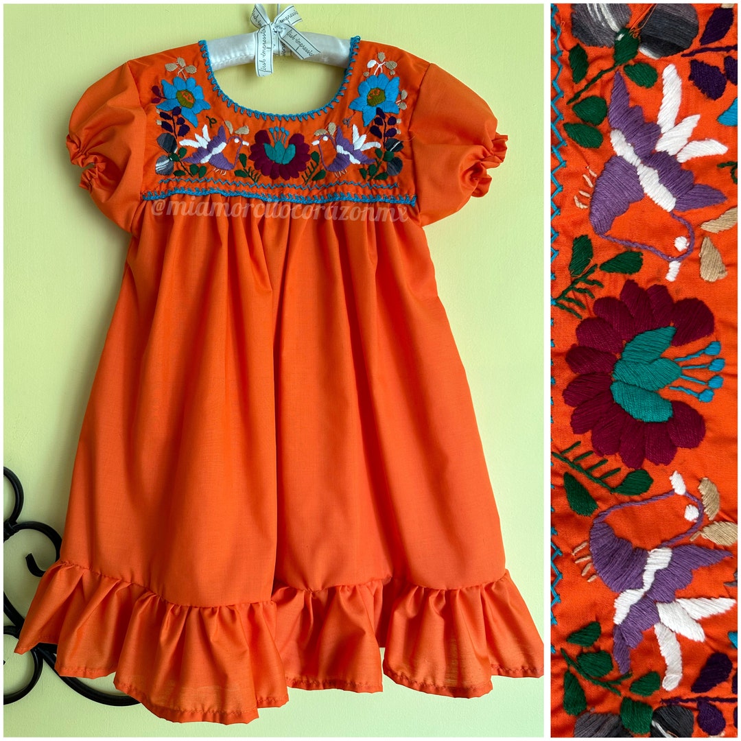 Floral Embroidery Mexican Dress, ORANGE Sundress for Girls, Fiesta ...