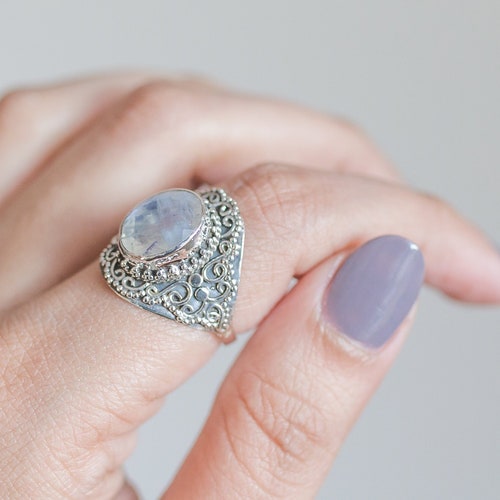 Small Rainbow Moonstone Gemstone Ring-sterling Silver Yellow/ - Etsy