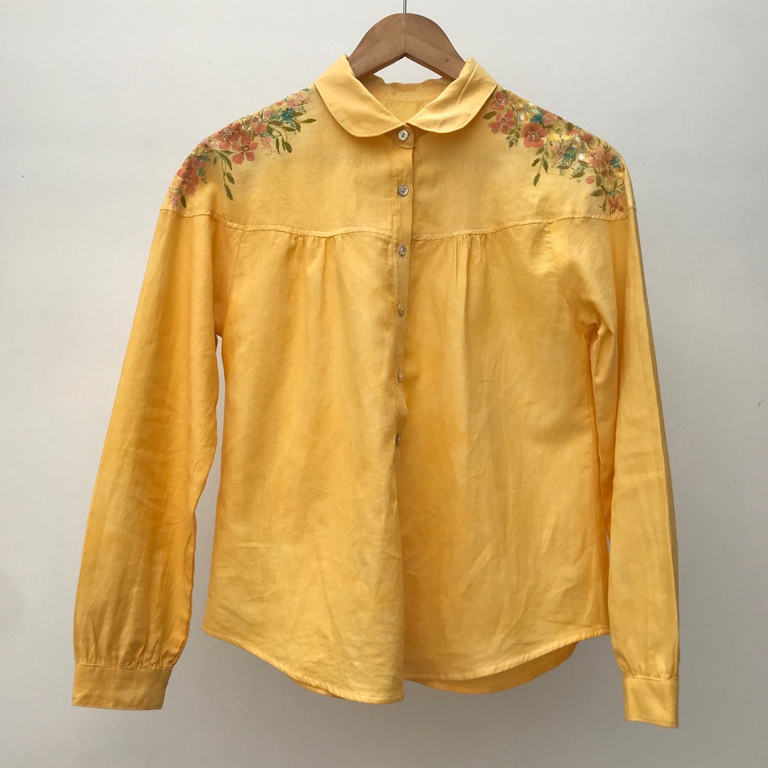Yellow Blouse, Organic Cotton, Hand Painted Flowers, Pleated Yoke ...