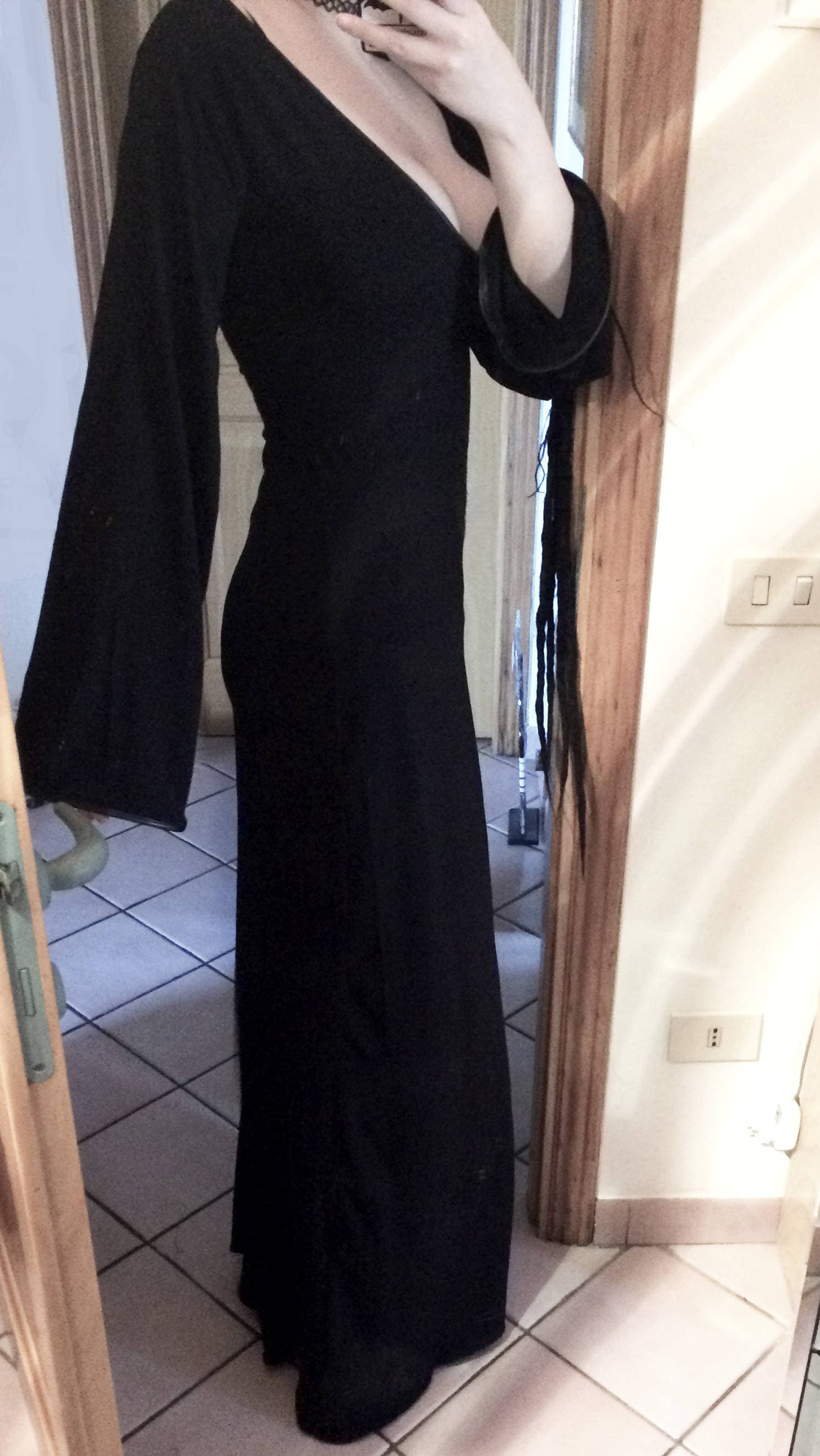 Long Black Dress With Long Sleeves - Faux Leather Bias Tape - Knit ...