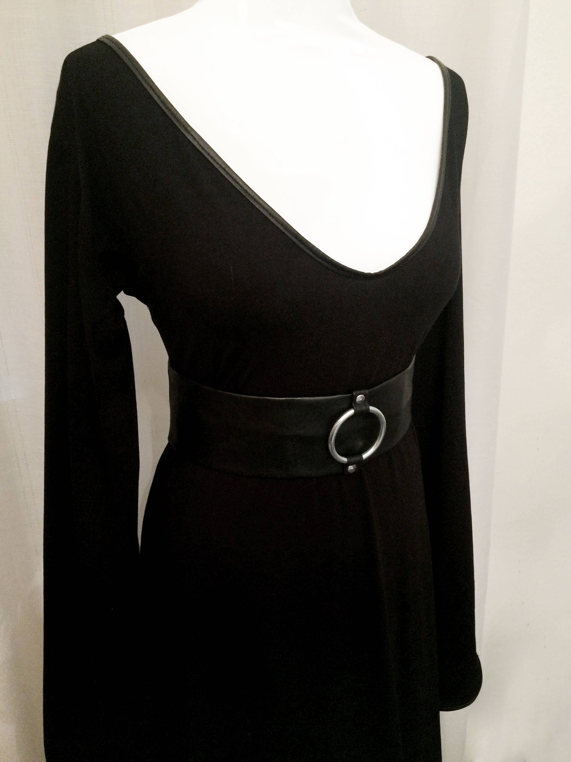 Long Black Dress With Long Sleeves - Faux Leather Bias Tape - Knit ...