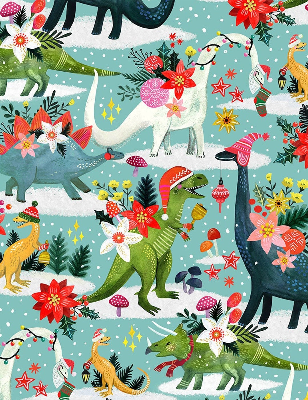 Rawring Holidays, Dinosaur Christmas Fabric, T-rex, Winter Holiday ...