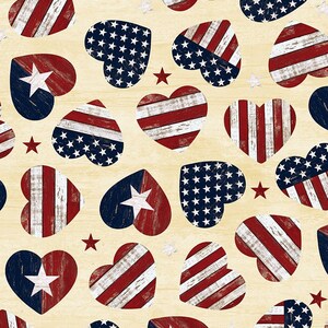 USA Flag Hearts on Cream, Red White Blue Fabric, USA, 4th of July ...