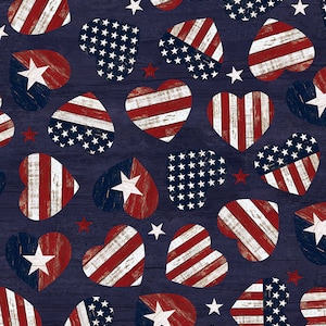 USA Flag Hearts on Navy, Red White Blue Fabric, USA, 4th of July ...