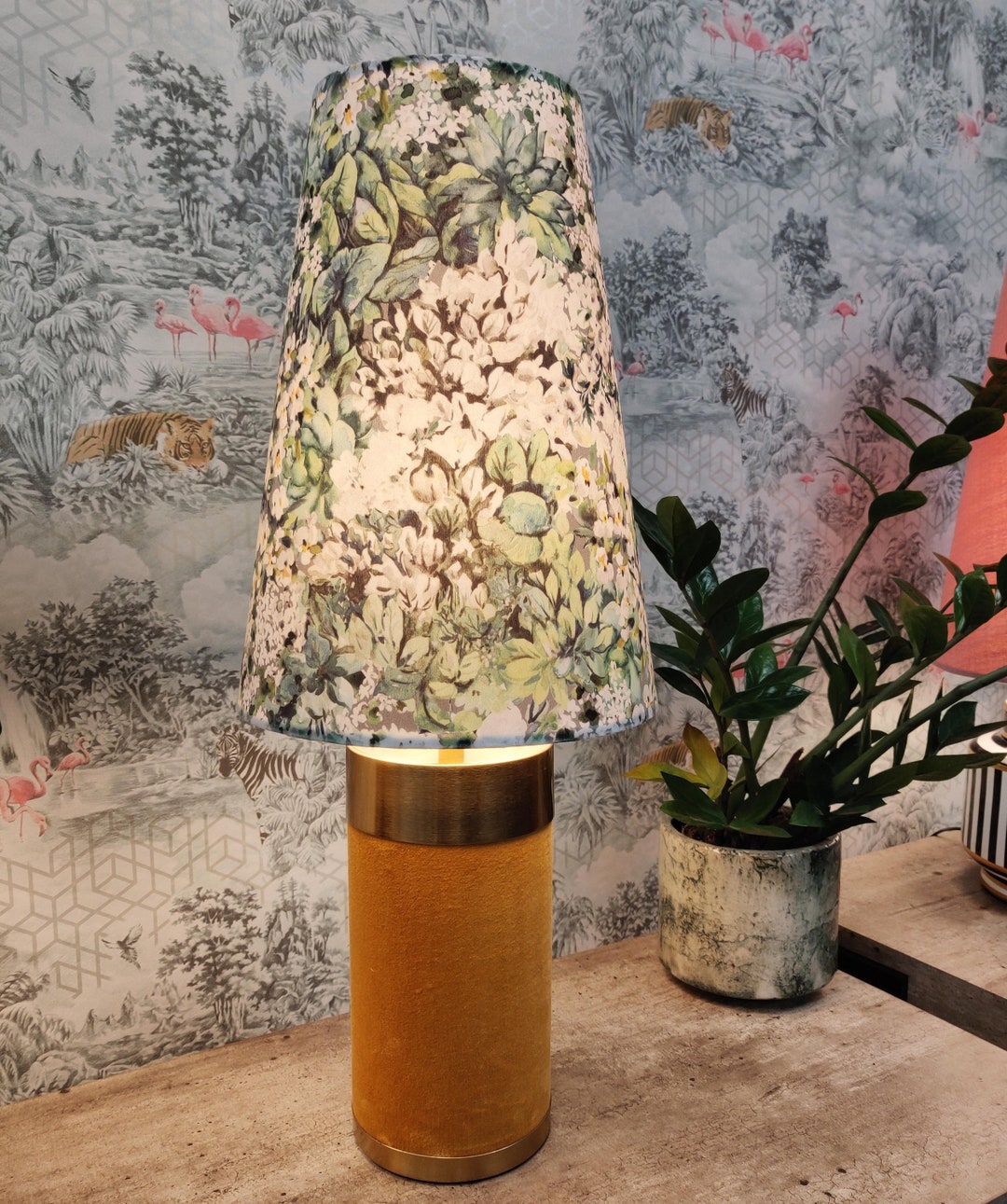 Green Botanical Cone Lampshade in Velvet, Floral Flowers Tall Cone Lamp ...