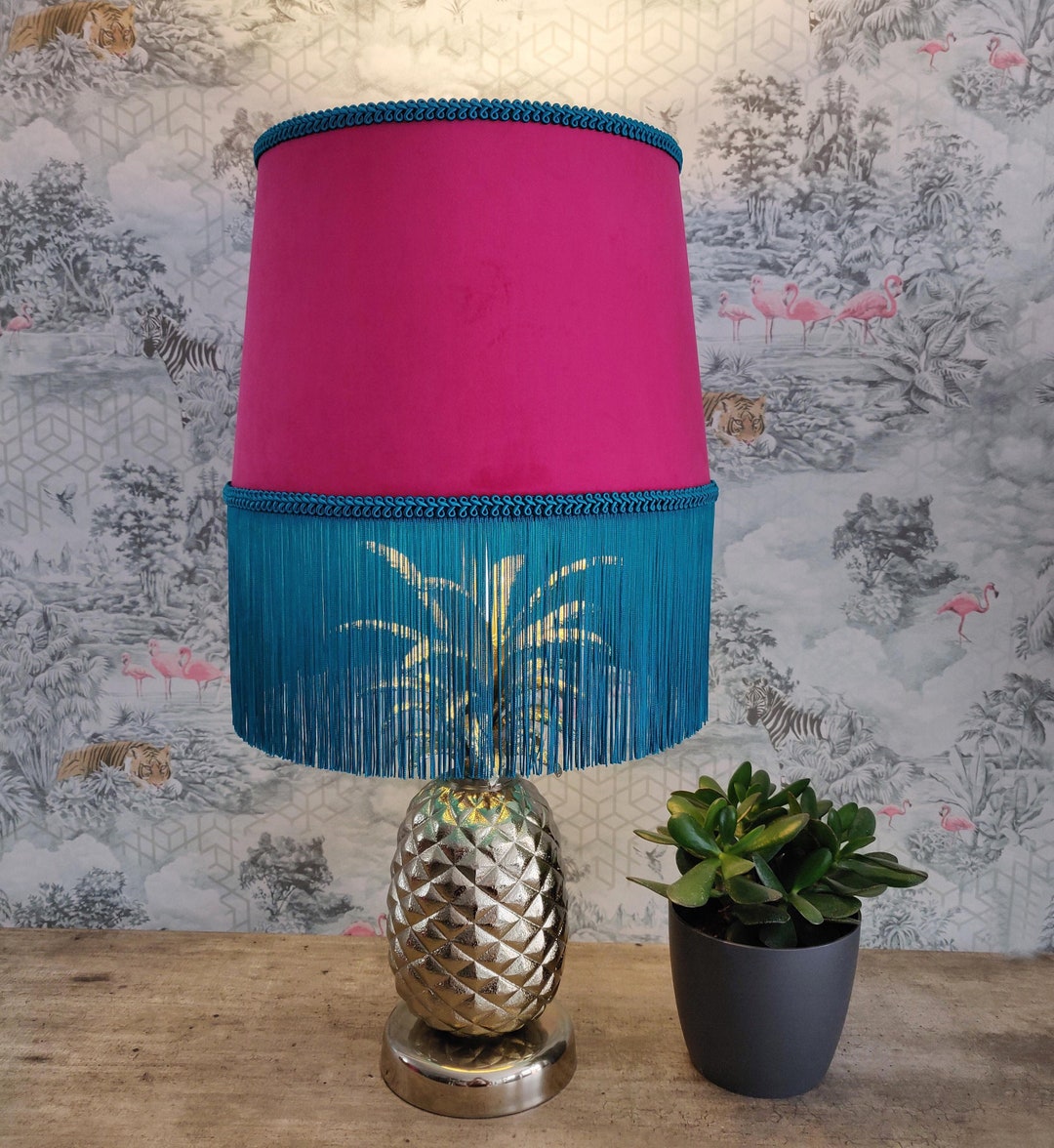 Cerise Pink Lampshade in Velvet With Teal Fringe - Etsy