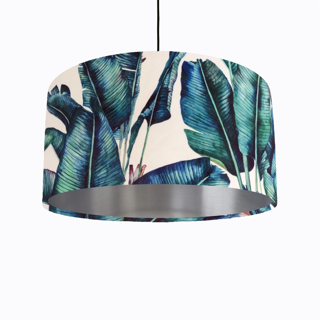Tropical Leaves Lampshade in White Velvet With Silver Lining, Botanical ...
