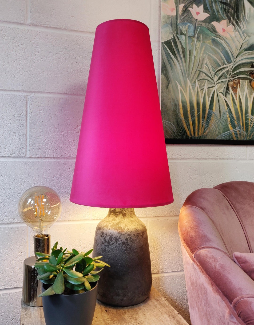 Cerise Pink Extra Tall Cone Lampshade in Velvet Conical Fat Lamp Shade ...