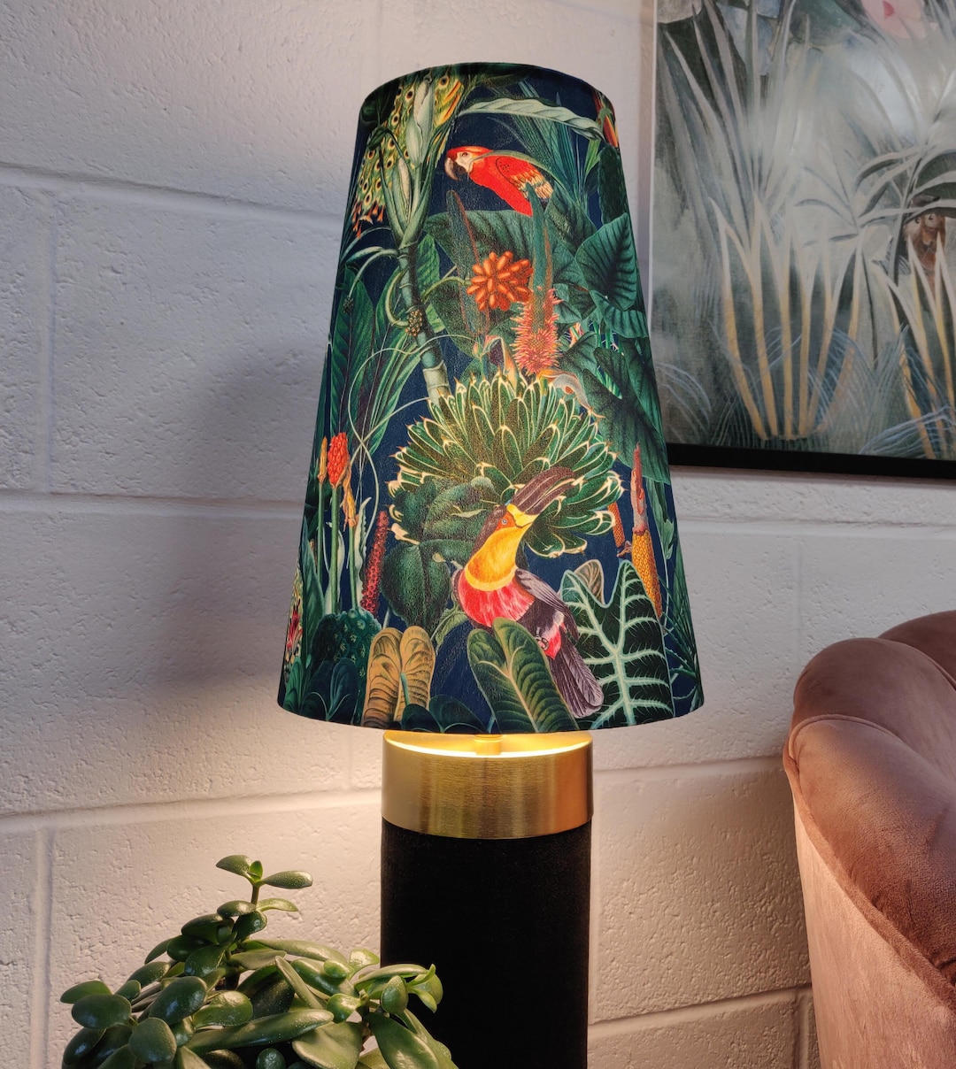 Blue Tropical Parrots Cone Lampshade in Velvet, Botanical Tall Cone ...