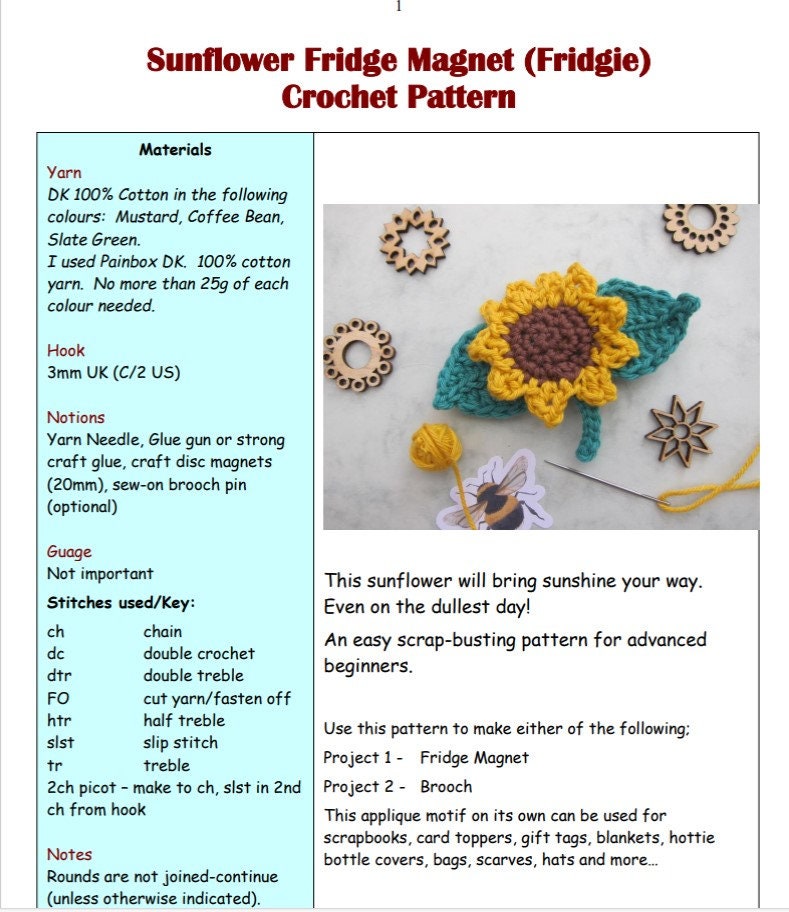 Sunflower Crochet PDF PATTERN Fridge Magnet (fridgie), Sunflower Brooch ...