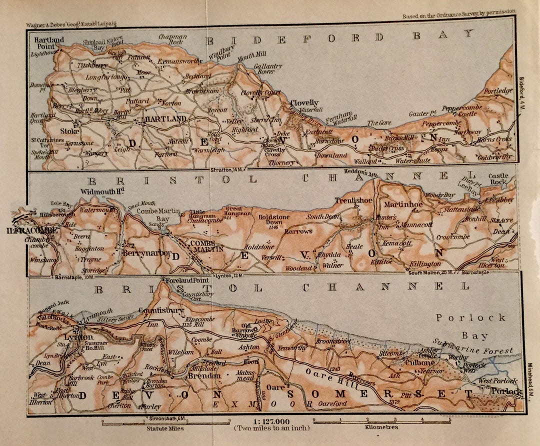 Vintage 1927 Map of Bristol Channel and Bideford Bay, UK. Great Gift ...