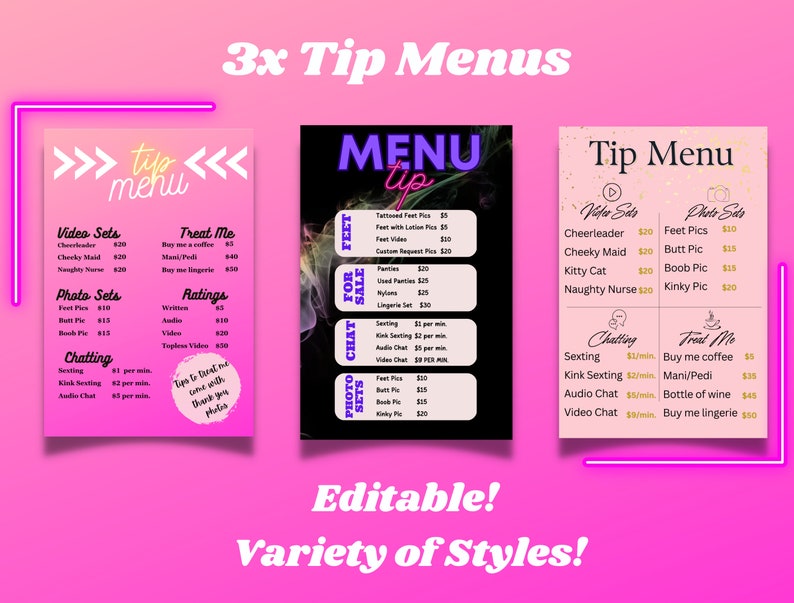 Onlyfans Tip Menu, Onlyfans Graphics, Three Editable Canva Templates ...