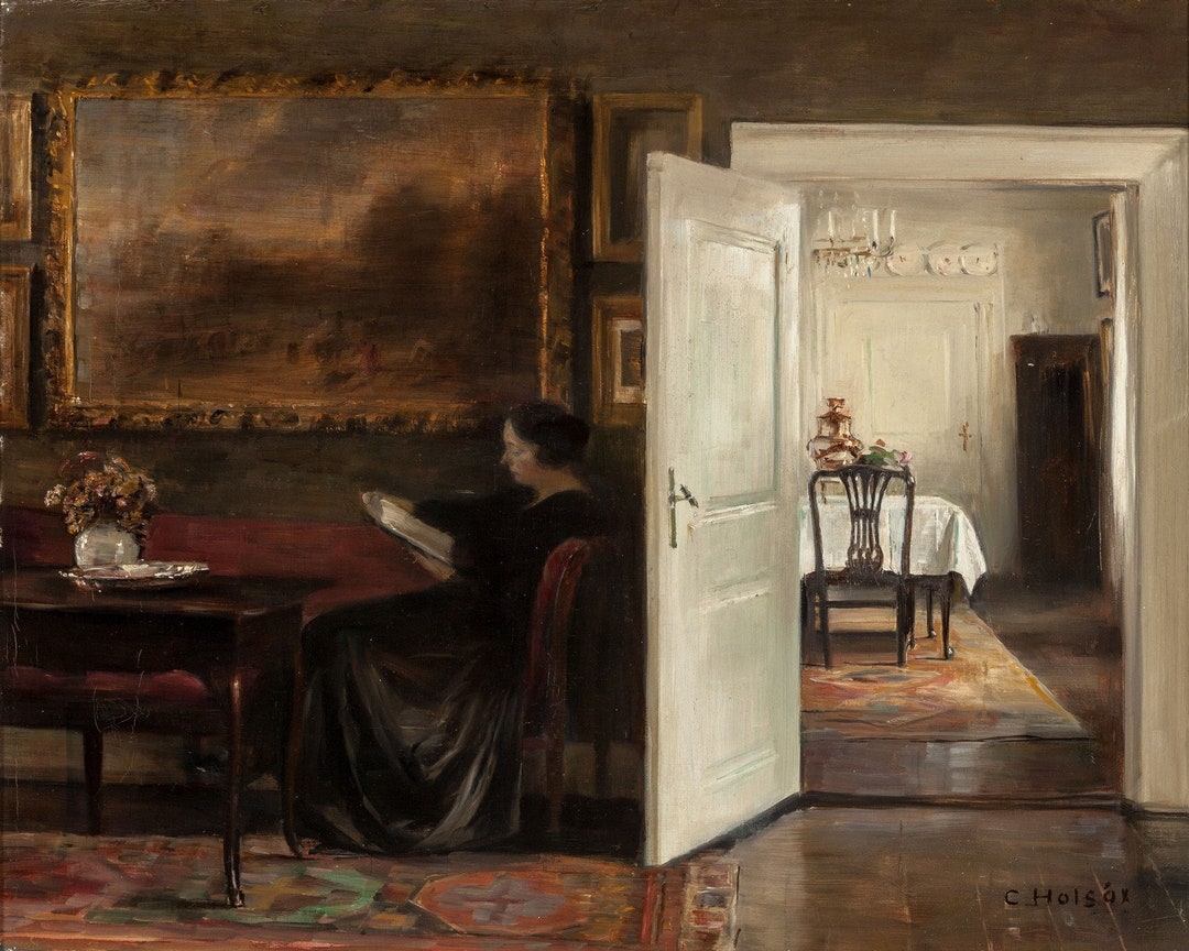 Carl Holsoe 1863-1935 Reading on a Quiet Afternoon, Museum Quality Oil ...