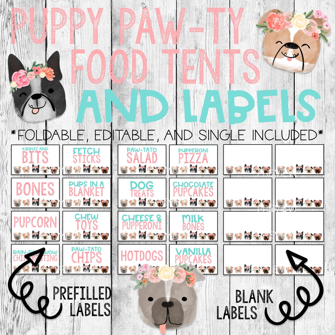 Dog Pawty Food Tent Labels/ PINK Puppy Paw Party Printable - Etsy