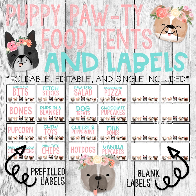 Dog Pawty Food Tent Labels/ PINK Puppy Paw Party Printable Signs ...