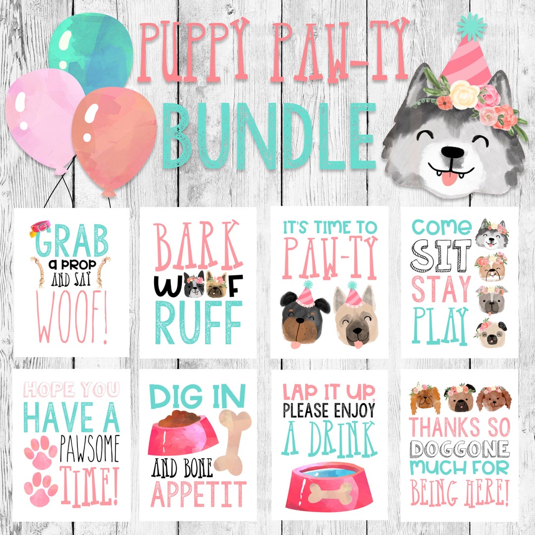 PINK Dog Pawty Word Art Bundle/ Puppy Paw Party Printable/ Bulldog ...