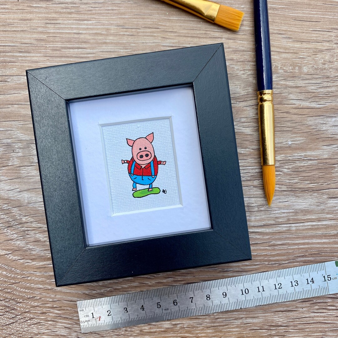 Pig Mini Painting, Acrylic Painting, 10x11cm Framed, Original Art, Pig ...