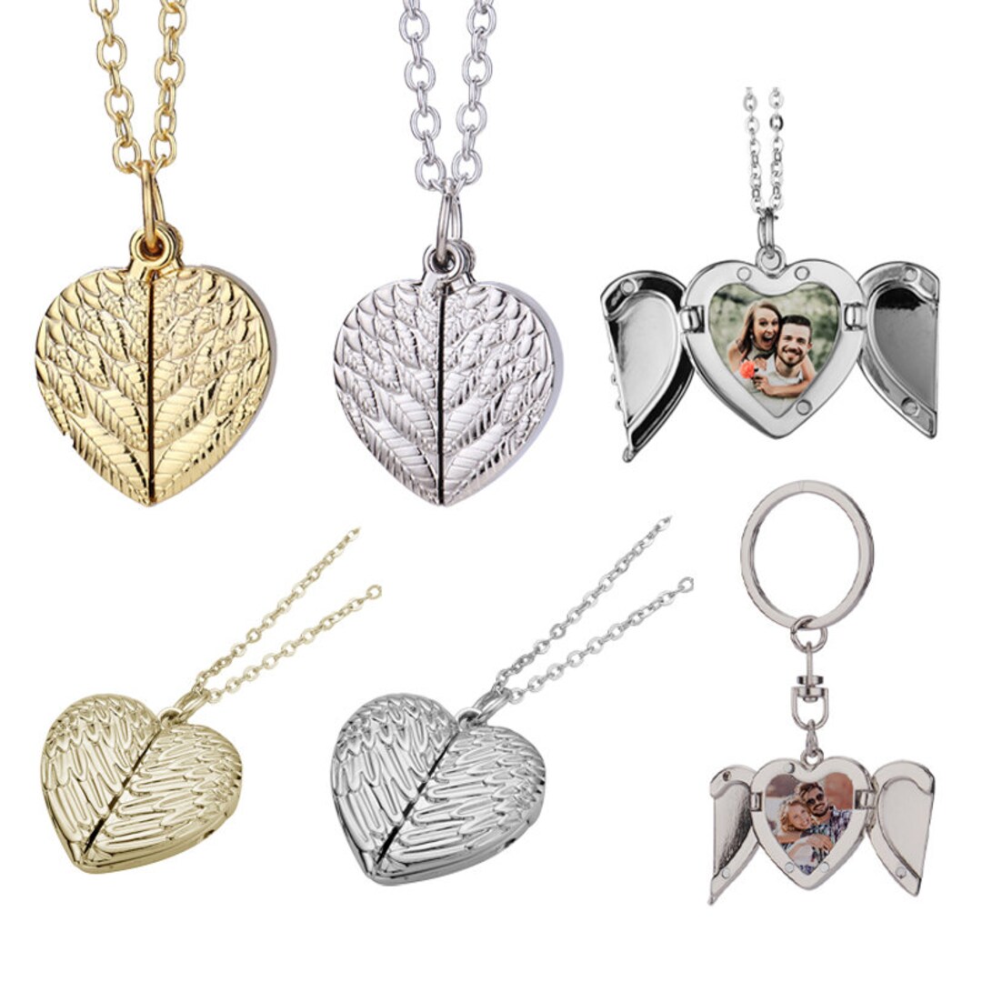 Angel Wings Heart Pendant Locket Necklace Sublimation Printing Heart ...