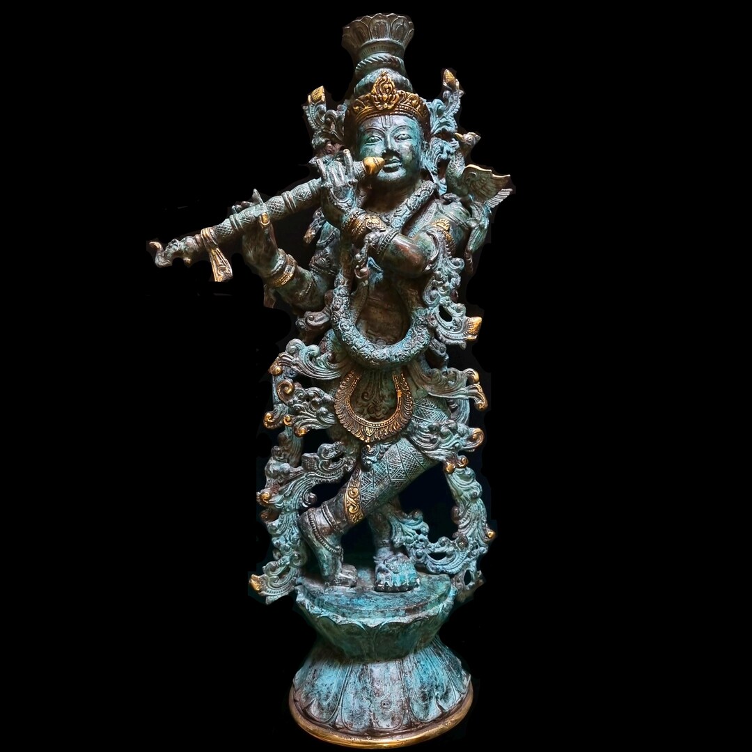 Large Krishna Bronze Statue, 27 Inch Brass Sculpture, Hindu God Idol ...