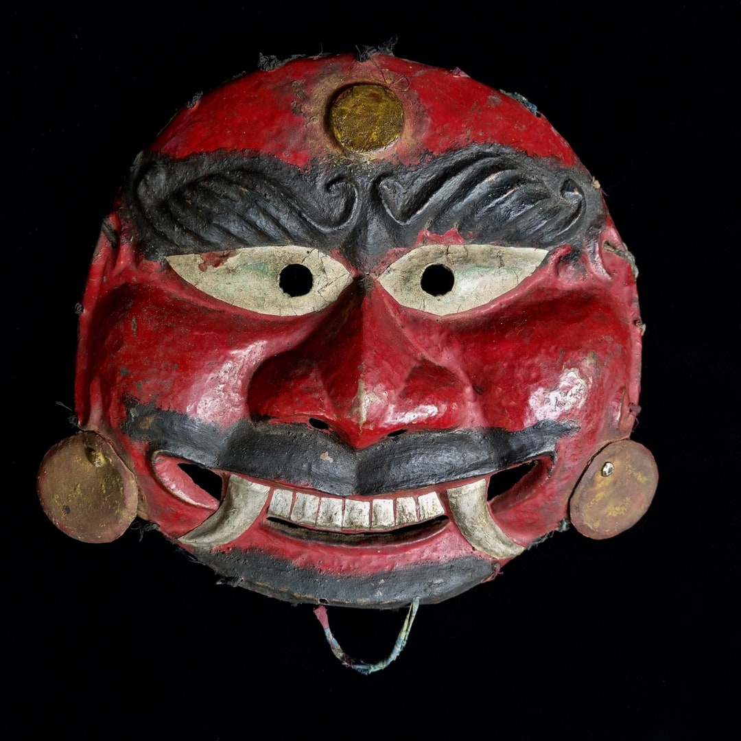 Copper Lakhe Demon Mask Nepal Red Rakshasa Masque 12" Tribal Tibetan ...